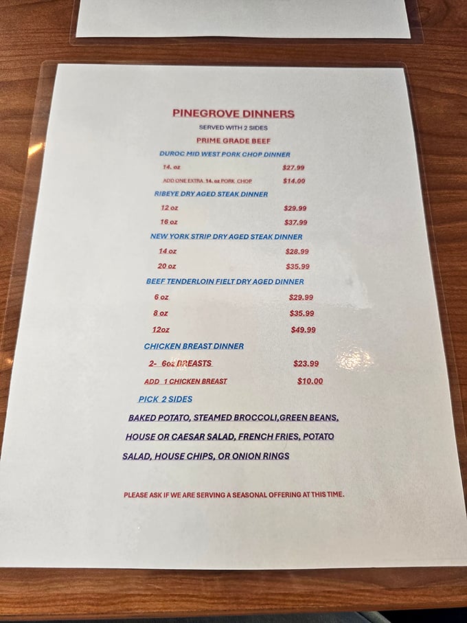 The dinner menu reads like a love letter to carnivores. These aren't just entrees&mdash;they're promises of satisfaction written in deliciously straightforward terms.