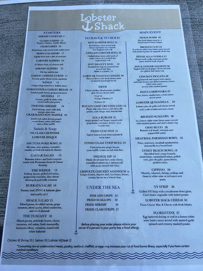 This menu isn't just a list—it's a treasure map where X marks the spot for seafood gold. The real challenge? Choosing just one maritime masterpiece.