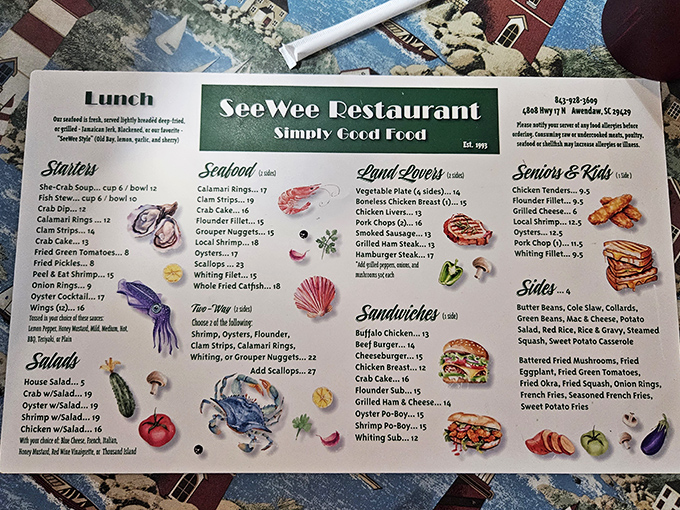 This menu isn't just a list&mdash;it's a maritime treasure map. "Simply Good Food" isn't marketing speak; it's the restaurant's entire philosophy distilled into three perfect words.