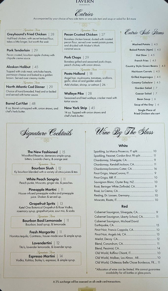 A menu that reads like a love letter to Kentucky cuisine. That fried chicken description&mdash;"takes a little longer, but worth the wait"&mdash;might be the understatement of the century. 