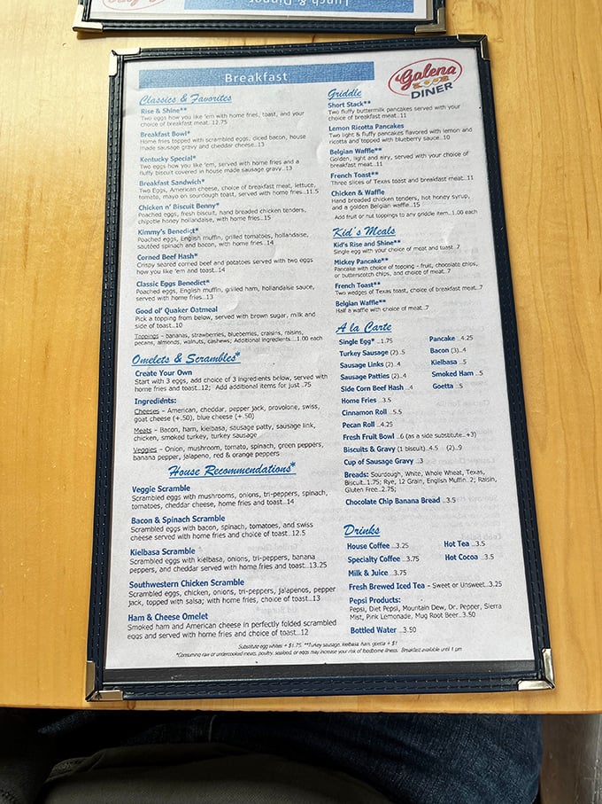 The menu reveals the star attraction—Lemon Ricotta Pancakes—nestled among classic diner fare and house specialties that tempt even the most decisive eaters.