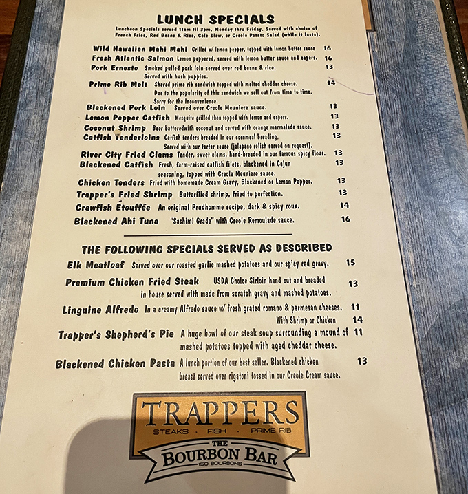 The lunch specials menu reads like a love letter to comfort food. Elk meatloaf and blackened catfish prove Oklahoma knows more than just steak.