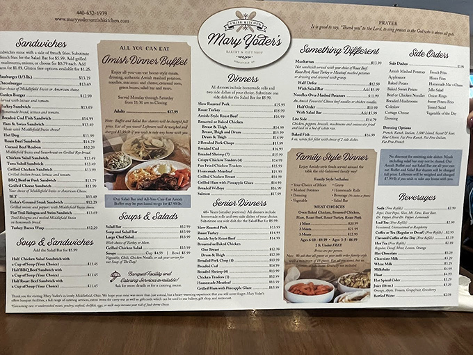 This menu reads like the greatest hits of Amish Country cooking, offering more delicious decisions than anyone should face.
