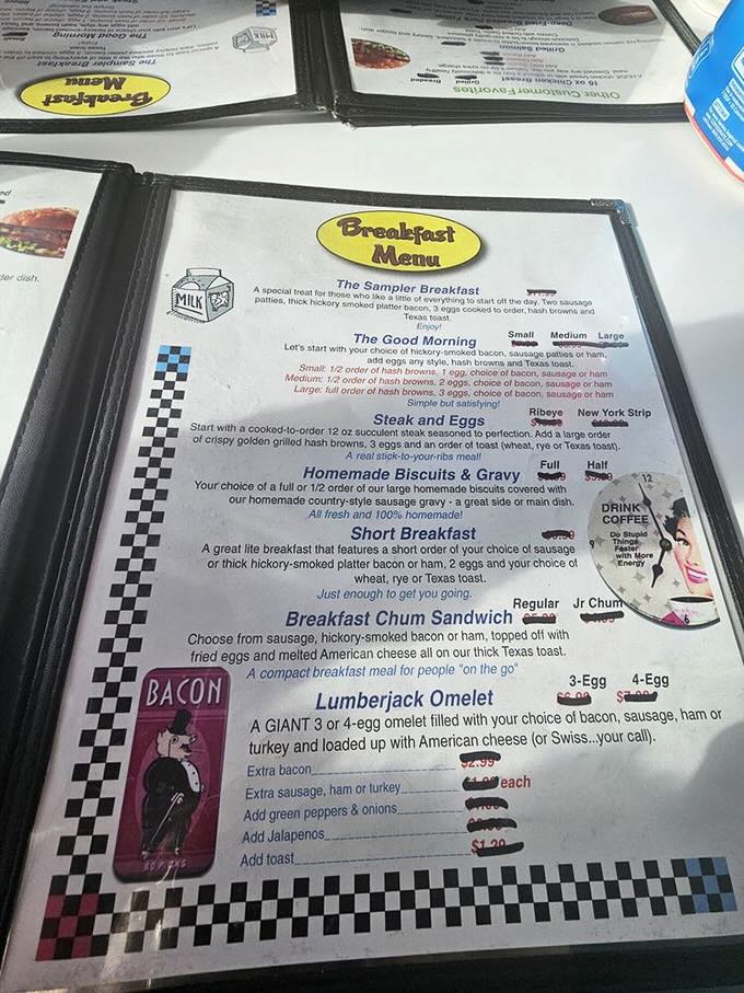 The breakfast menu reads like poetry to hungry souls&mdash;notice how "Steak and Eggs" gets its own special spotlight, a culinary headliner that's earned its top billing.