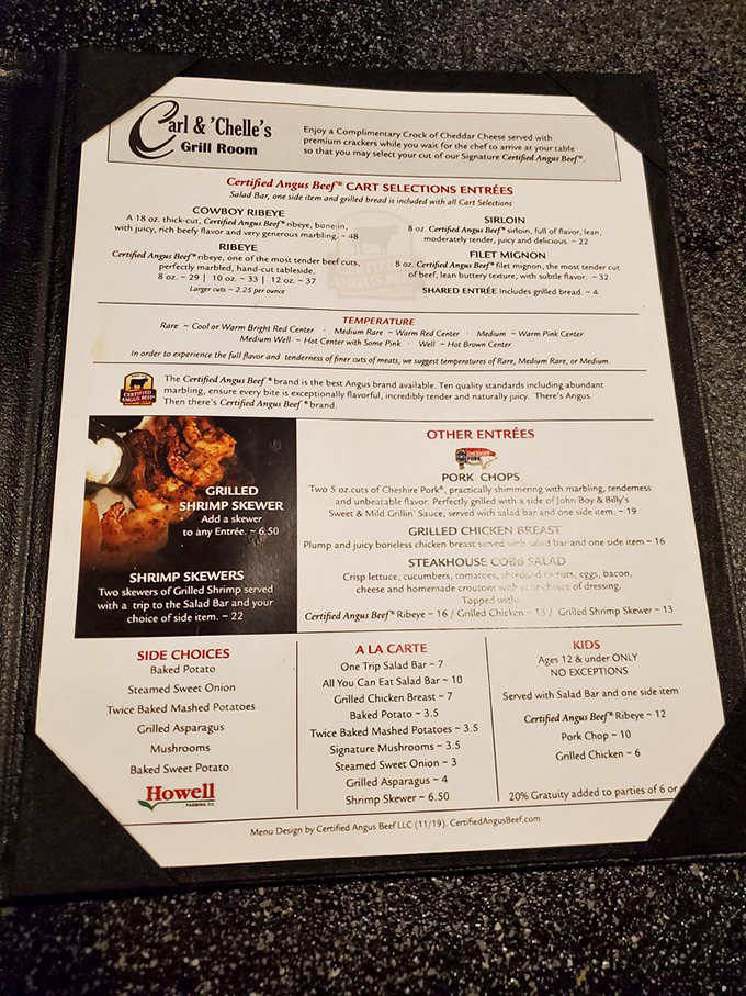 This menu isn't just a list of options&mdash;it's a roadmap to happiness. Note the temperature guide for steak perfection.