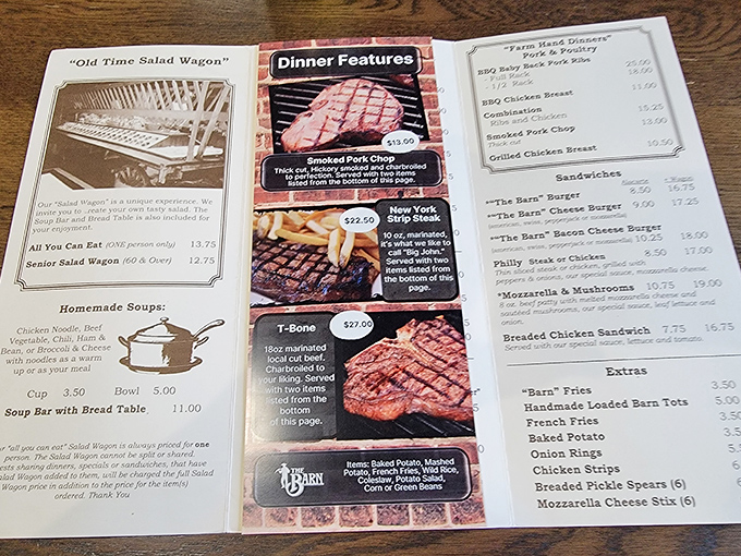 A menu that reads like a love letter to Midwestern comfort food. That smoked pork chop is calling your name!