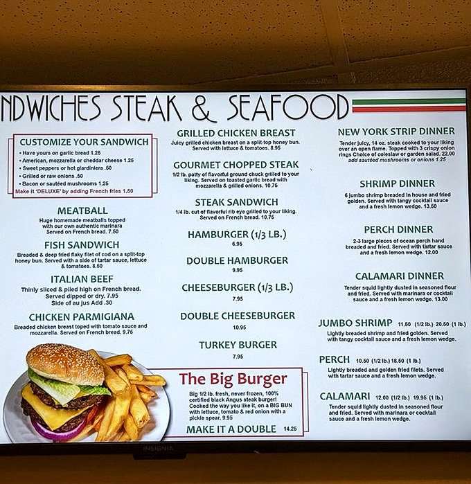 The menu board reads like a love letter to Italian-American comfort food, from meatball sandwiches to jumbo shrimp.