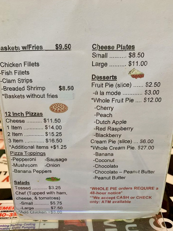 This menu isn't just a list of food; it's a roadmap to happiness. Note the cream pies section &ndash; your destination for bliss.