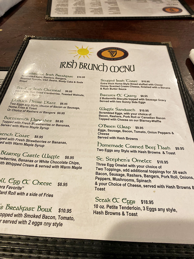The Irish Brunch Menu reads like poetry to the breakfast-obsessed. "Blarney Castle Waffle" isn't just a name &ndash; it's a promise of morning magic.