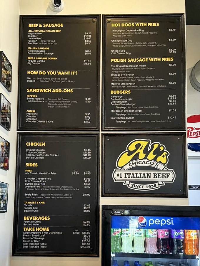 The menu board at Al's reads like a love letter to Chicago street food&mdash;Italian beef, hot dogs, and Polish sausage taking center stage.