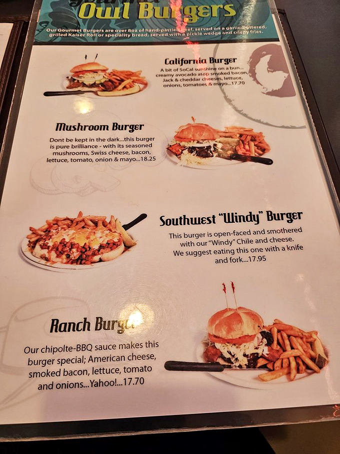 The burger menu reads like poetry for the hungry soul. Each description promises a different path to satisfaction.