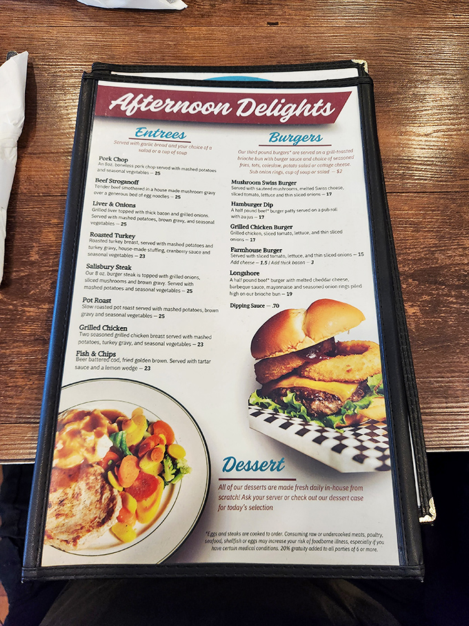 The "Afternoon Delights" menu reads like a love letter to comfort food classics. Each description promises a plate that hugs your soul.