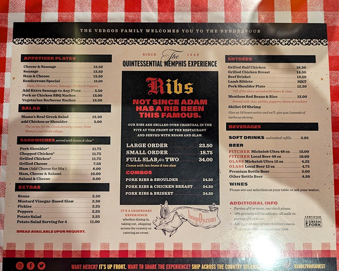"Ribs NOT SINCE ADAM HAS A RIB BEEN THIS FAMOUS." When your menu doubles as both a biblical reference and absolute truth.