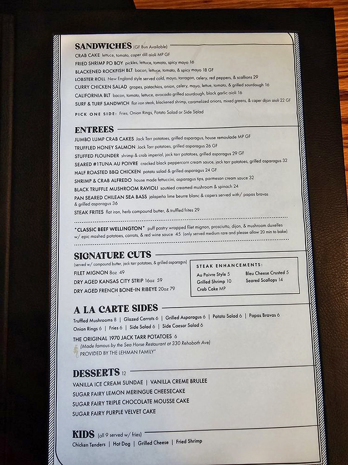 The menu reads like a love letter to carnivores, with those signature dry-aged steaks taking center stage alongside seafood classics that honor Delaware's coastal heritage.