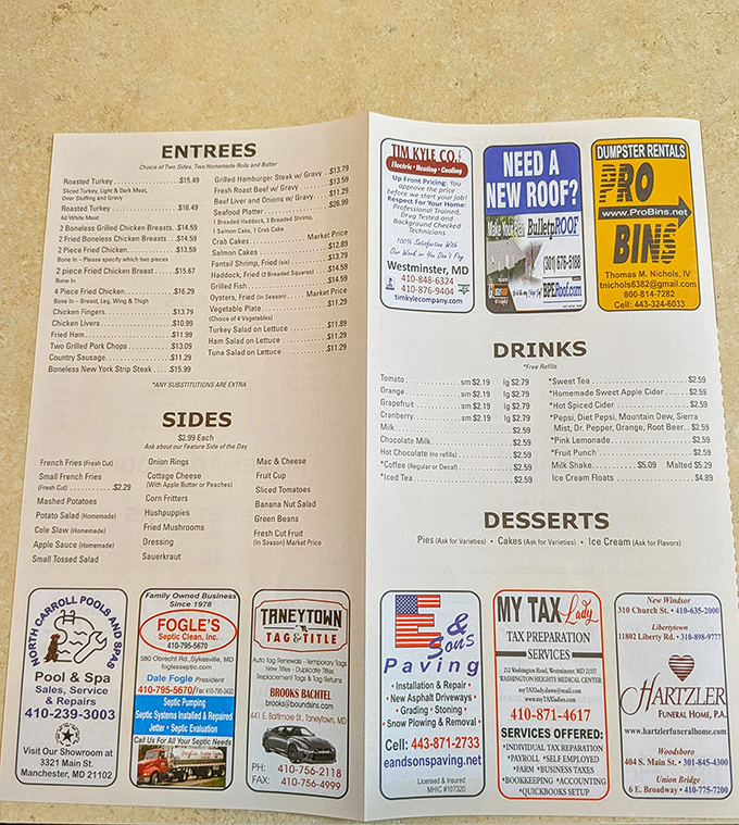 The menu tells the real story: homestyle classics without pretension, where the dessert section is worth reading first.