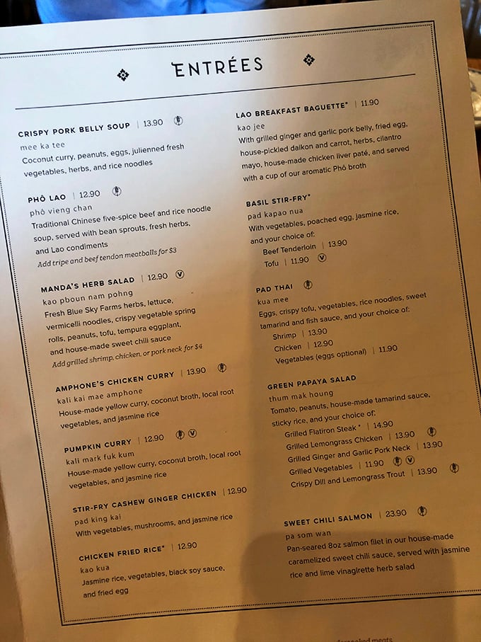 The menu reads like a love letter to Laotian cuisine, with each description promising flavor adventures that'll make your usual takeout seem like a dial tone.