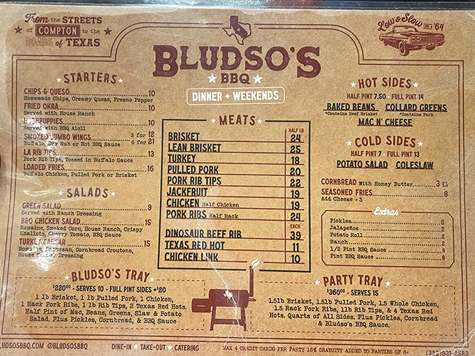 This menu isn't just a list of food—it's a roadmap to happiness with "From the Streets of Compton to the Roads of Texas" proudly displayed.