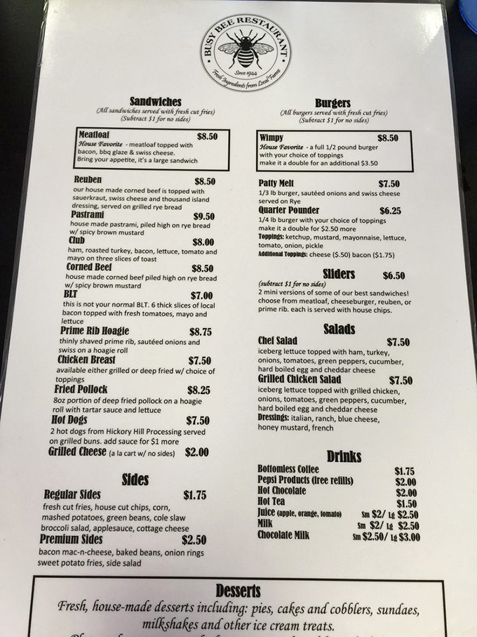 A menu that reads like comfort food poetry &ndash; notice how the meatloaf sandwich comes with a friendly warning about its generous size.