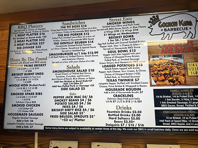 This menu board is basically a treasure map for hungry explorers &ndash; X marks the spot where brisket meets boudin.