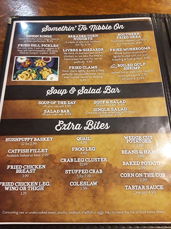 Somethin' To Nibble On isn't just cute menu-speak&mdash;it's a legitimate warning that you'll want one of everything. Frog legs and livers? Kansas isn't playing it safe!