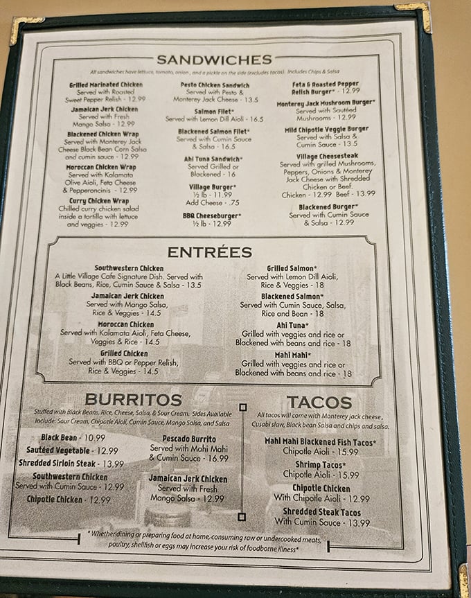 This isn't just a menu&mdash;it's a passport to global flavors. From Moroccan chicken to blackened fish tacos, Little Village Cafe refuses to be pigeonholed.