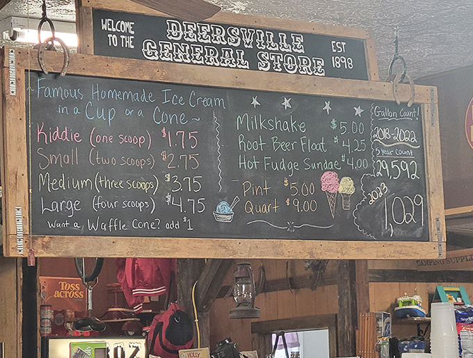 That chalkboard menu isn't just listing ice cream&mdash;it's advertising happiness by the scoop. The waffle cone upgrade is non-negotiable.