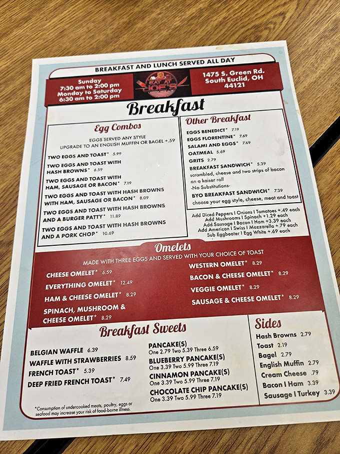 A menu that doesn't need a translator to understand. Breakfast all day is civilization's greatest achievement since indoor plumbing.