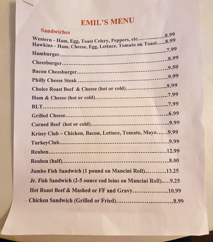 A menu that reads like poetry to the hungry soul. Notice the Reuben commanding respect with its rightful place of honor.