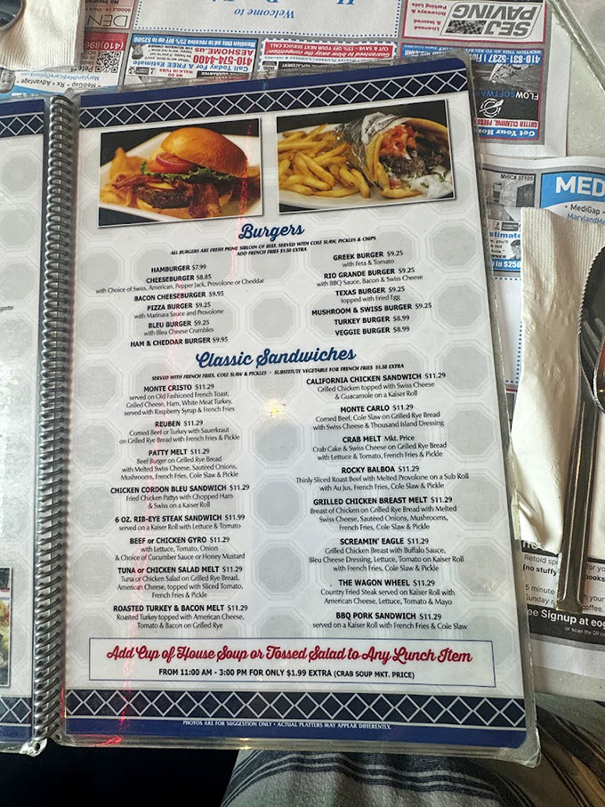 The menu reads like a greatest hits album of American comfort classics, each one promising to be the soundtrack to your satisfaction.