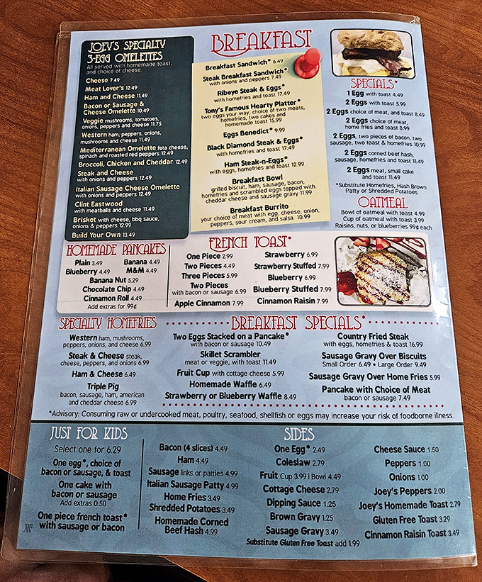 The menu at Joey's reads like a love letter to breakfast enthusiasts, with the legendary Eggs Benedict holding court among worthy contenders.