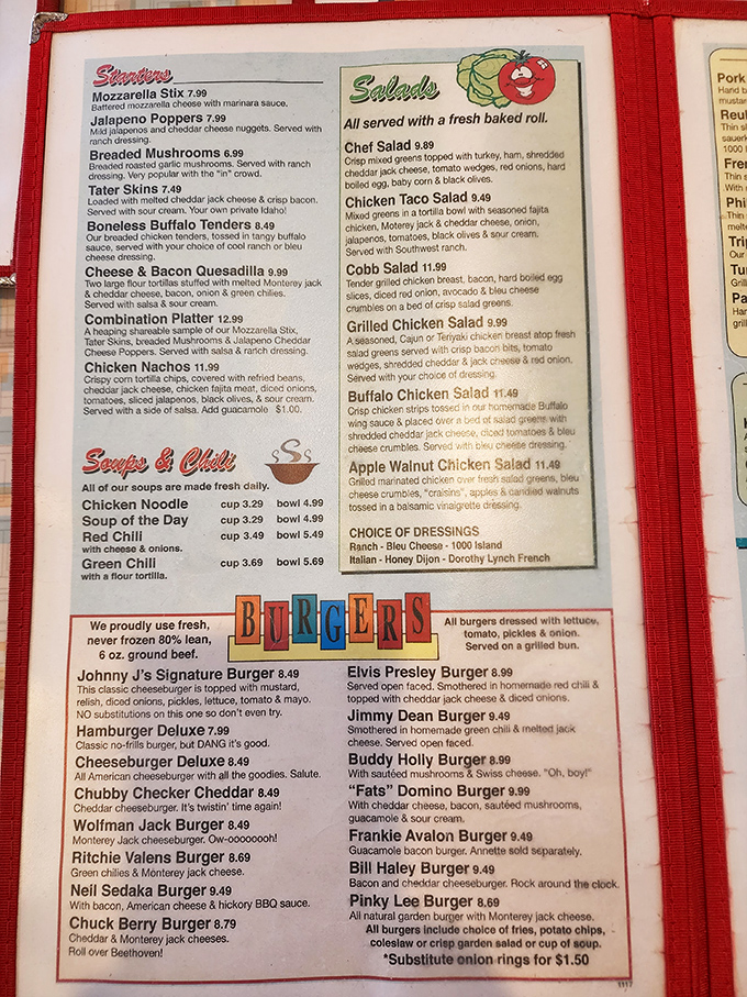 The rock-and-roll themed menu reads like a greatest hits album of comfort food classics. Elvis has not left the burger section!