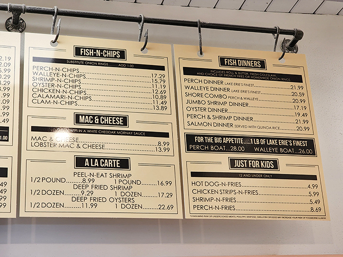 The menu board tells the whole story: Fish-n-Chips, Mac & Cheese, and "For the Big Appetite." In Ohio, this is what seafood dreams are made of.