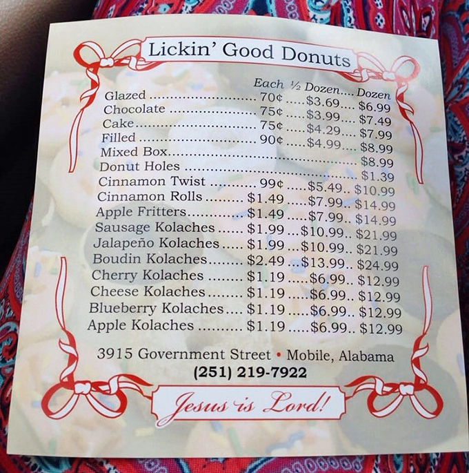 The menu tells a delicious story of traditional treats and regional specialties. Notice "Jesus is Lord!" at the bottom&mdash;faith and fried dough, together at last.