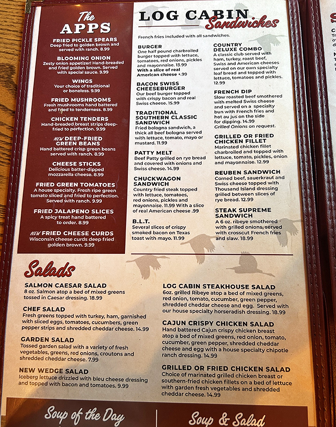 This menu reads like a greatest hits album of Southern comfort food. No molecular gastronomy here, just the classics done right.