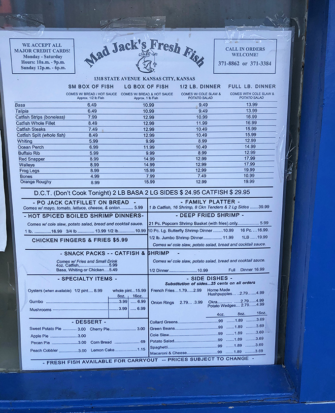 The menu reveals an ocean's worth of options, from catfish to frog legs to desserts that'll finish strong.