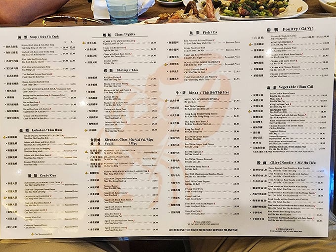 This menu isn't just extensive&mdash;it's a novel of seafood possibilities with chapters spanning Chinese, Vietnamese, and Thai influences. Choose your own adventure, but don't skip the lobster.