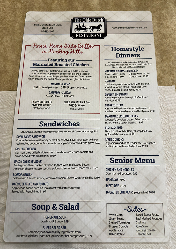 This menu isn't just a list of food&mdash;it's a roadmap to happiness. The "Finest Home Style Buffet in Hocking Hills" isn't bragging if it's true.