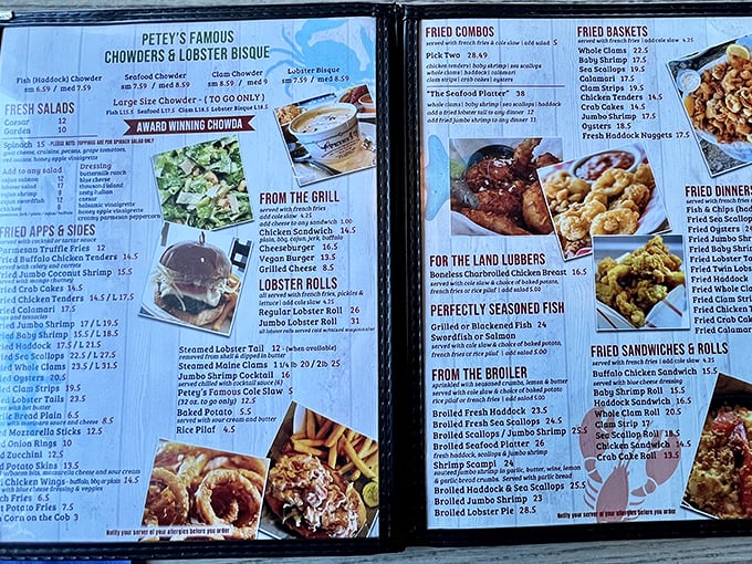 The menu reads like a love letter to the Atlantic—chowders, lobster rolls, and fried platters that make choosing just one item a delicious dilemma.