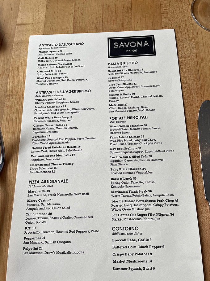 The menu reads like a love letter to Italian cuisine – from oceanic treasures to artisanal pizzas and perfectly prepared proteins.