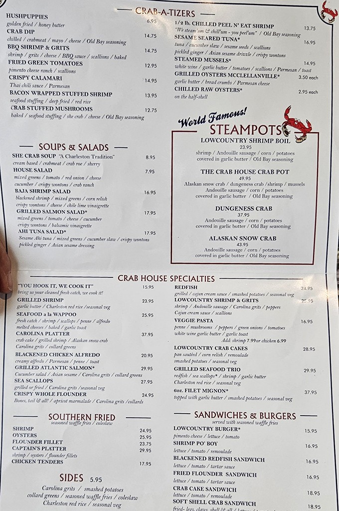 This menu isn't just a list of dishes &ndash; it's a treasure map to seafood nirvana. The "Crap-a-tizers" section alone deserves a standing ovation.