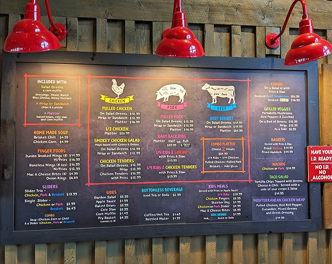 A menu board that reads like poetry to carnivores&mdash;each category promising smoky delights that would make vegetarians reconsider their life choices.