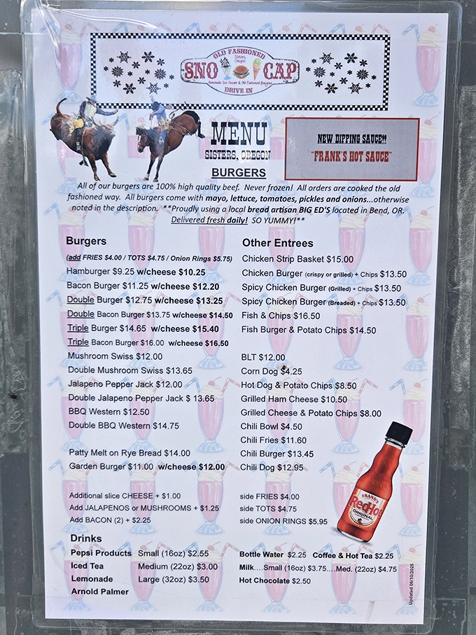 This menu isn't playing hard to get&mdash;it proudly declares its burger-flipping intentions with rodeo imagery and the promise of "never frozen" beef.
