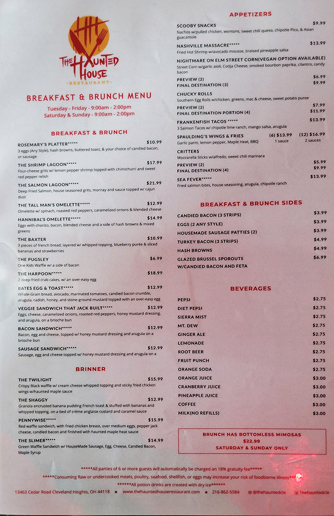 This isn't your grandmother's menu unless she was Morticia Addams. Horror-themed dishes that make choosing dinner delightfully difficult.