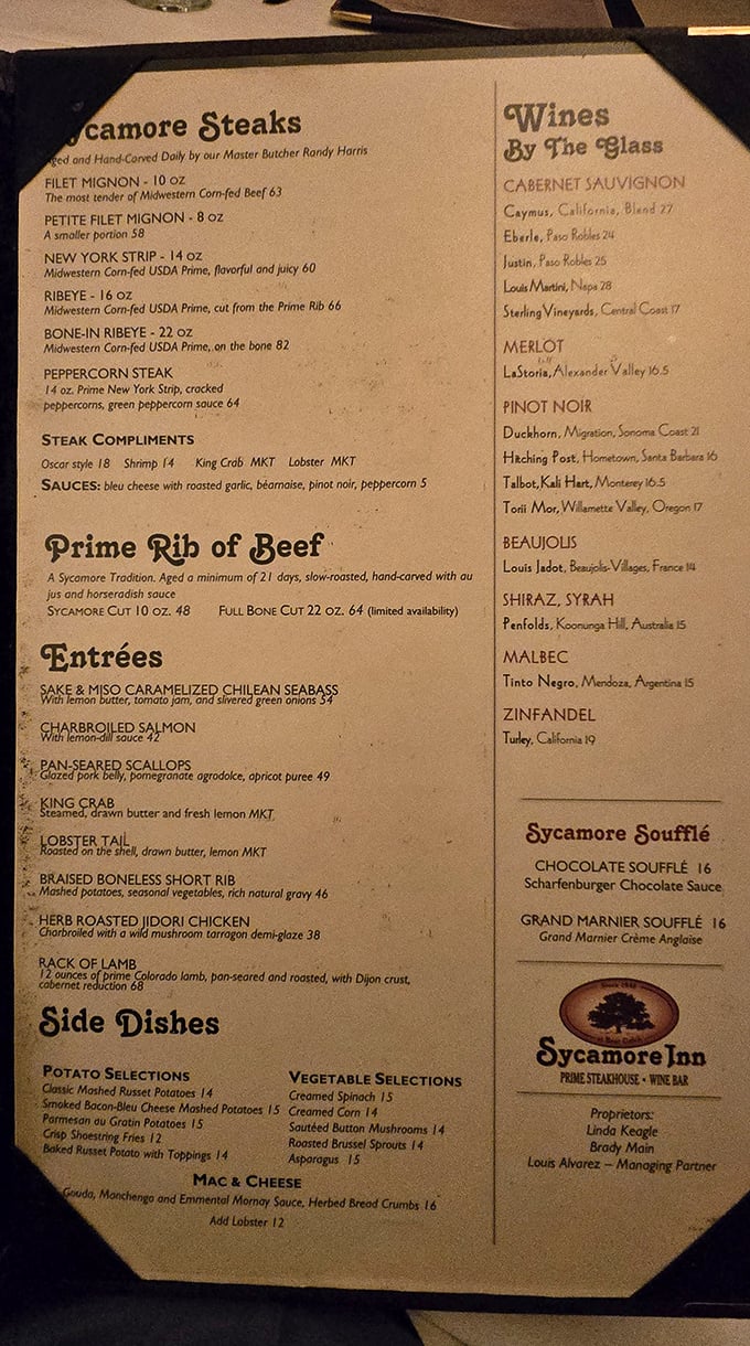 A menu that reads like poetry to carnivores&mdash;note the prime rib "aged a minimum of 21 days," older than some wines I've enjoyed.