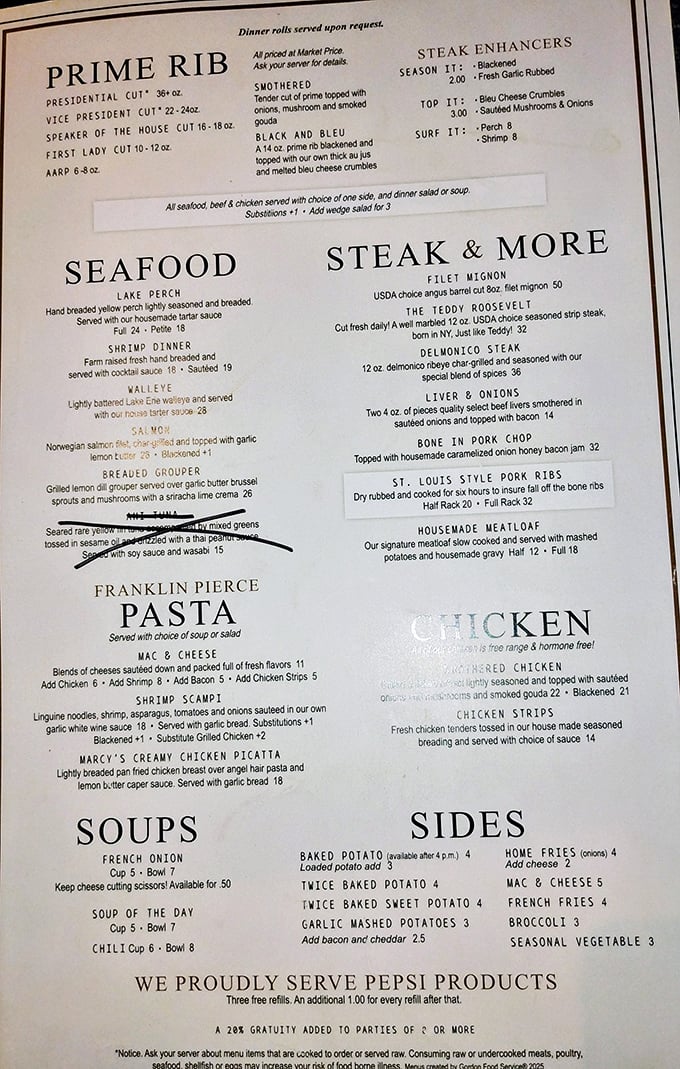 This isn't just a menu&mdash;it's a declaration of culinary intent where prime rib reigns supreme and decision anxiety becomes a delightful problem.