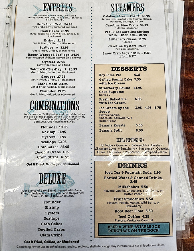 A menu that reads like coastal poetry – from soft-shell crab to grilled pound cake, each item tells a story of Carolina's maritime bounty.