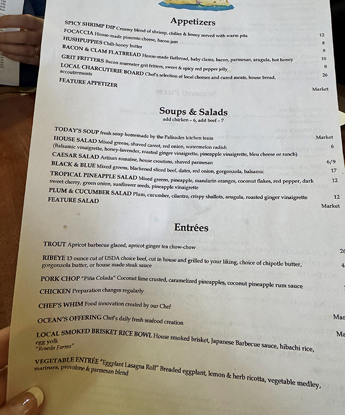 That menu reads like a love letter to both Southern comfort and worldly adventures on one delicious page.