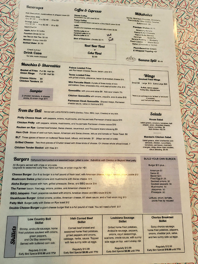 This menu reads like a love letter to comfort food, with milkshake options that could make a grown person weep.