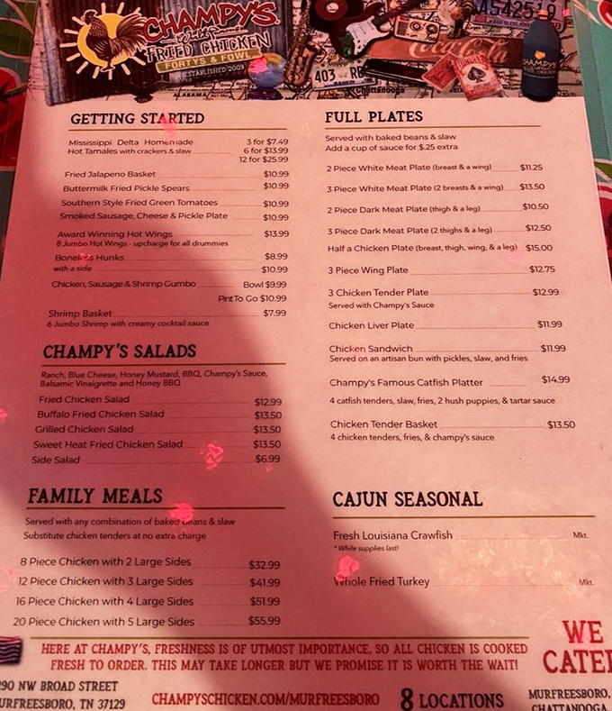 This menu reads like a love letter to fried chicken, with promises at the bottom worth every minute of waiting.