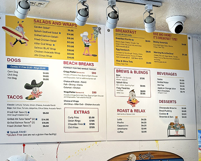 The menu board reads like a love letter to seafood enthusiasts&mdash;tacos, wraps, and of course, their legendary clam chowder all vying for your affection.